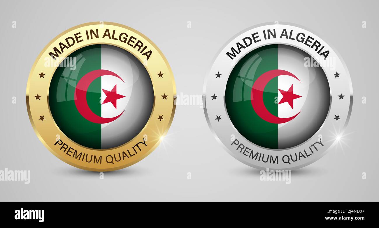 Jeu de logos et d'étiquettes fabriqués en Algérie. Certains éléments d ...