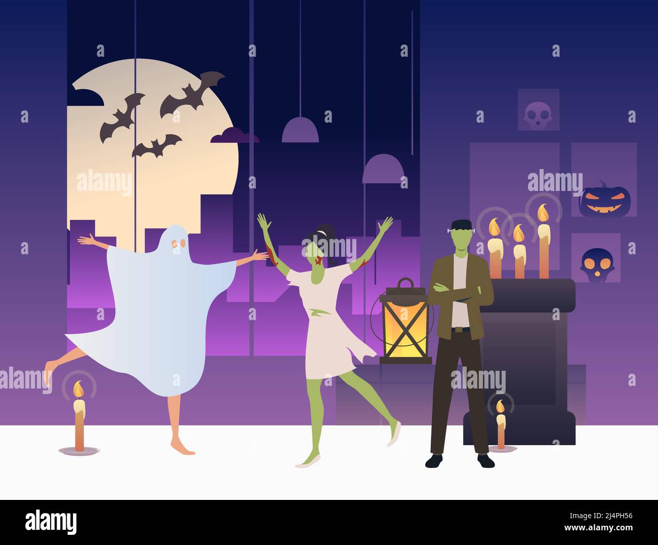Zombies et danse fantôme dans une pièce sombre. Intérieur, fête ...