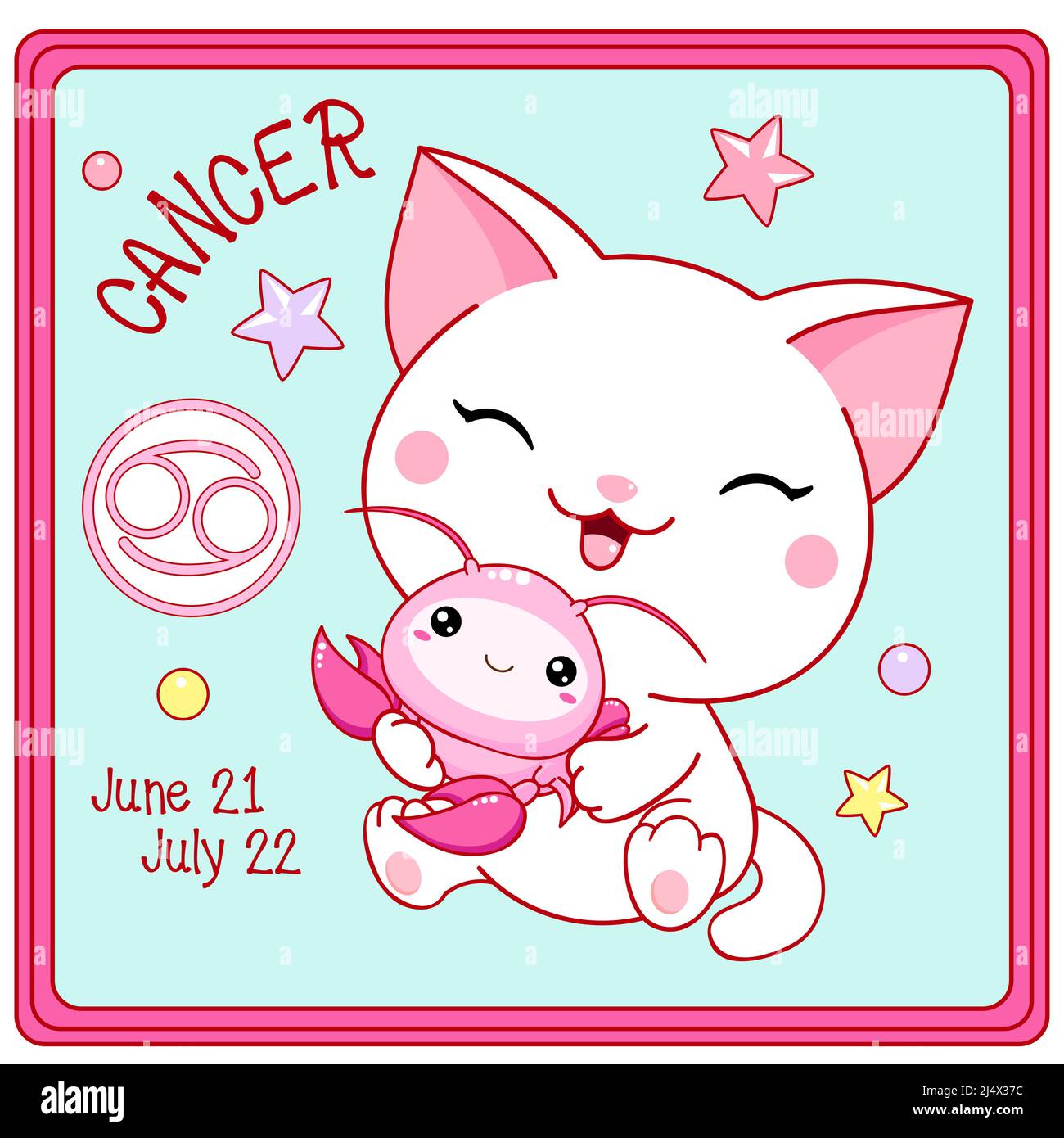 Signe de cancer de zodiaque dans le style kawaii. Carte carrée avec un ...