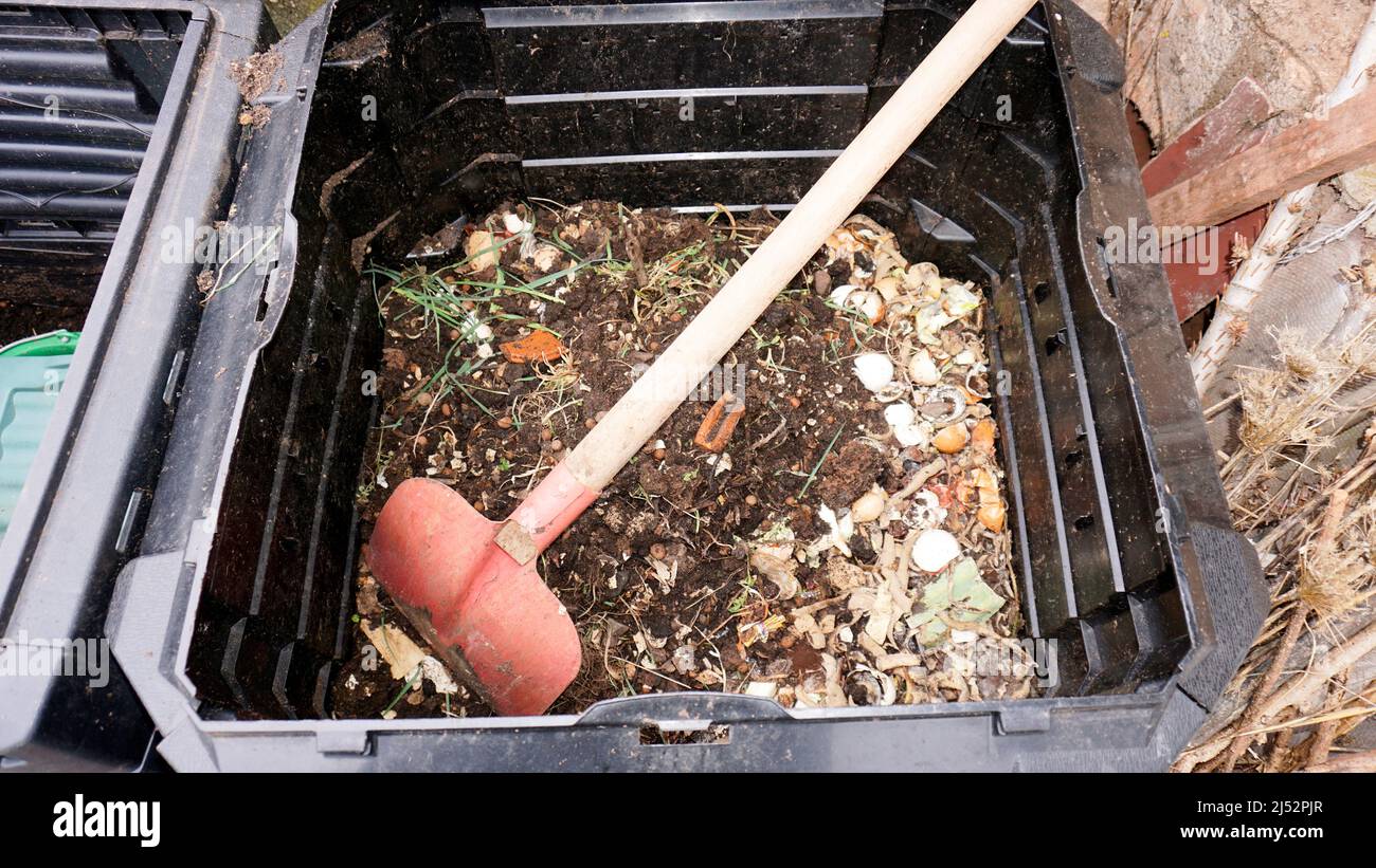 Pelle de jardin sur le compost. Terre fraîchement compostée du bac de ...