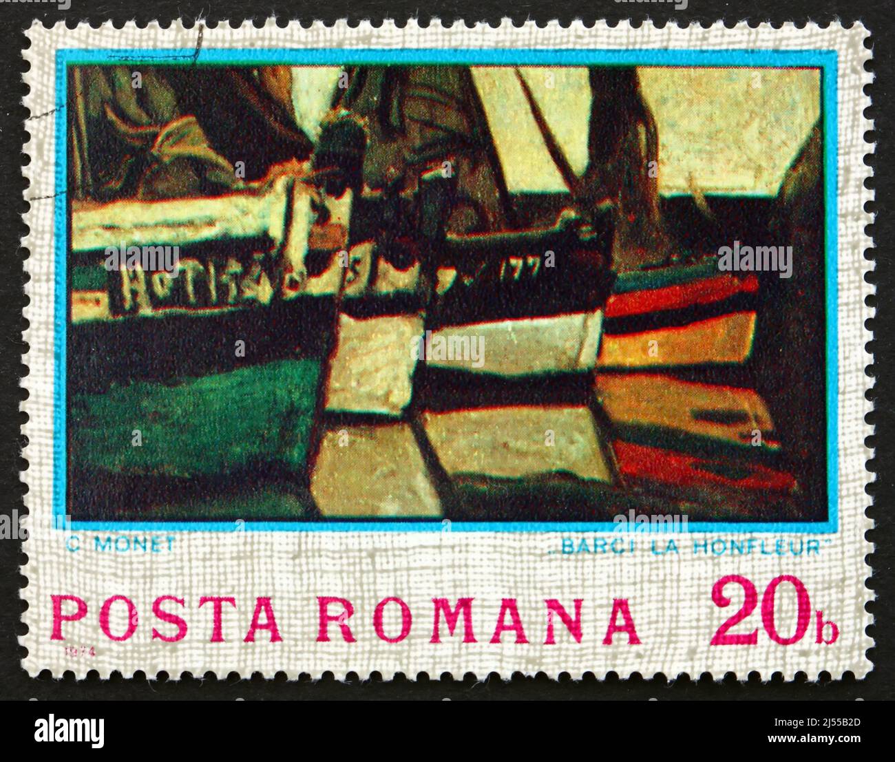 ROUMANIE - VERS 1974 : un timbre imprimé en Roumanie montre des bateaux à Montfleur, peinture de ...