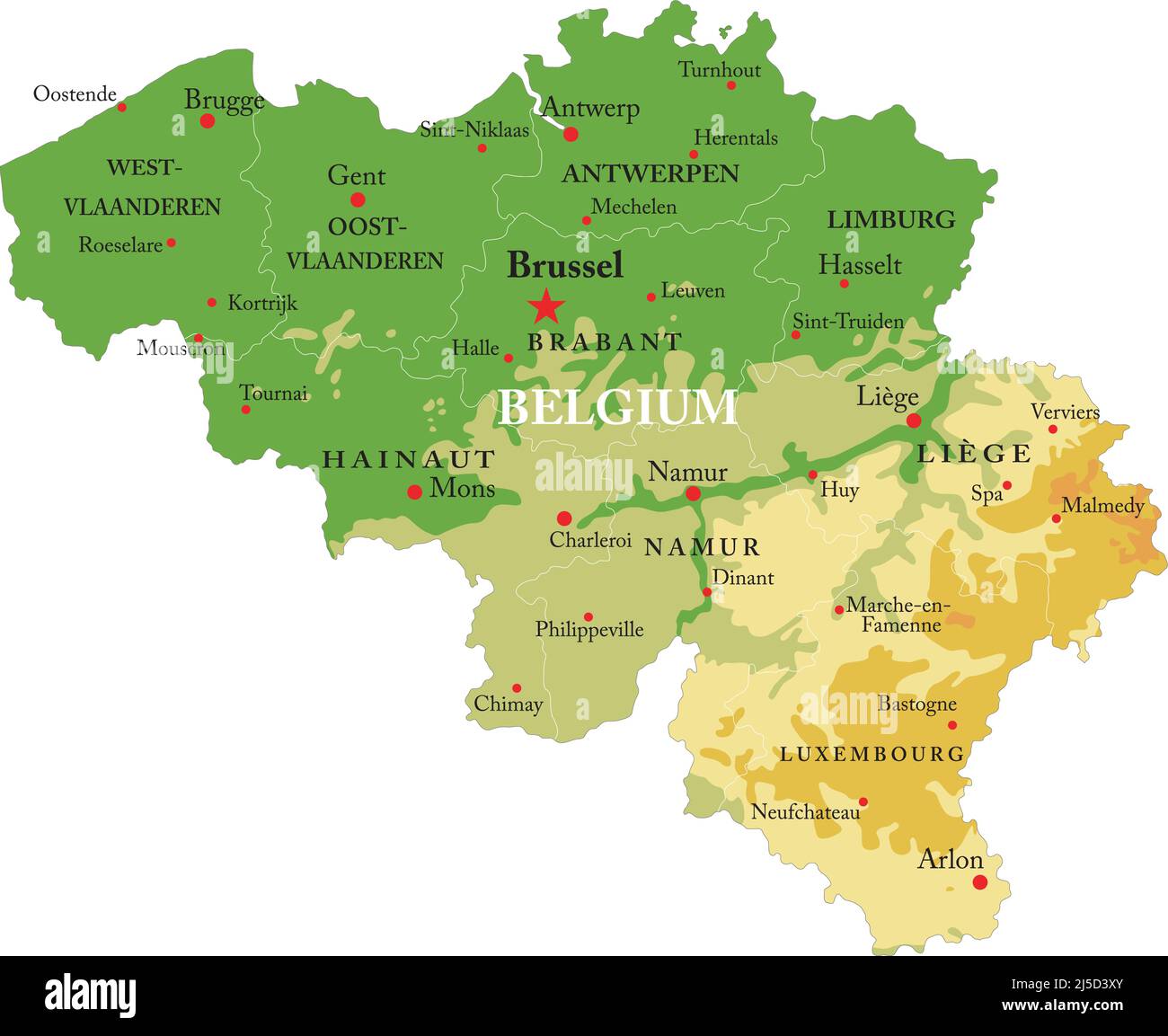 Carte physique très détaillée de la Belgique, en format vectoriel, avec ...