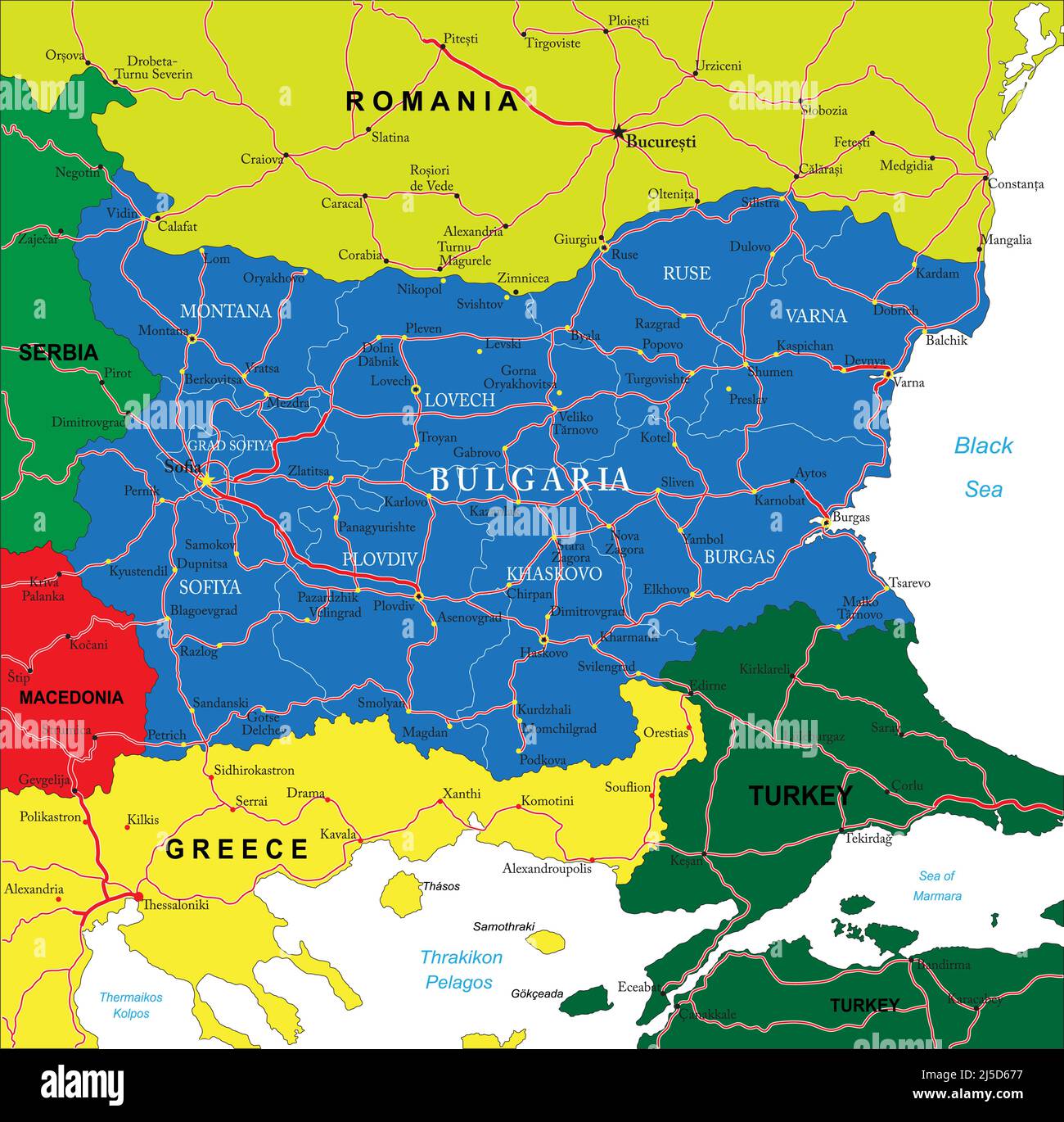 Carte vectorielle très détaillée de la Bulgarie avec régions ...