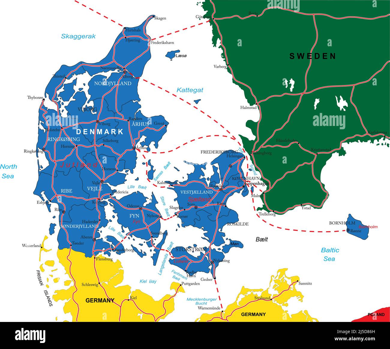 Carte vectorielle très détaillée du Danemark avec régions ...