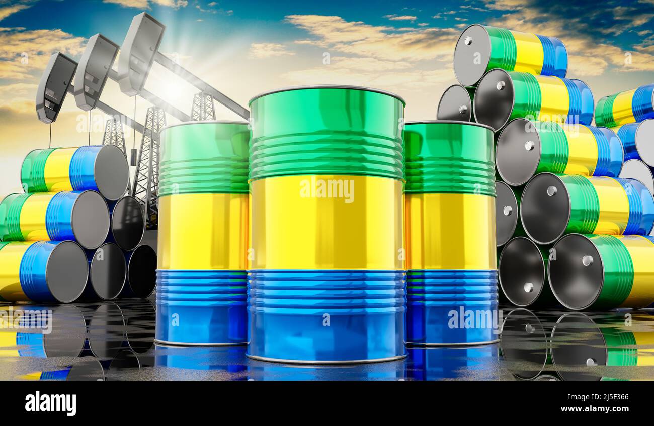 Barils de pétrole avec pavillon du Gabon et puits d'extraction de ...