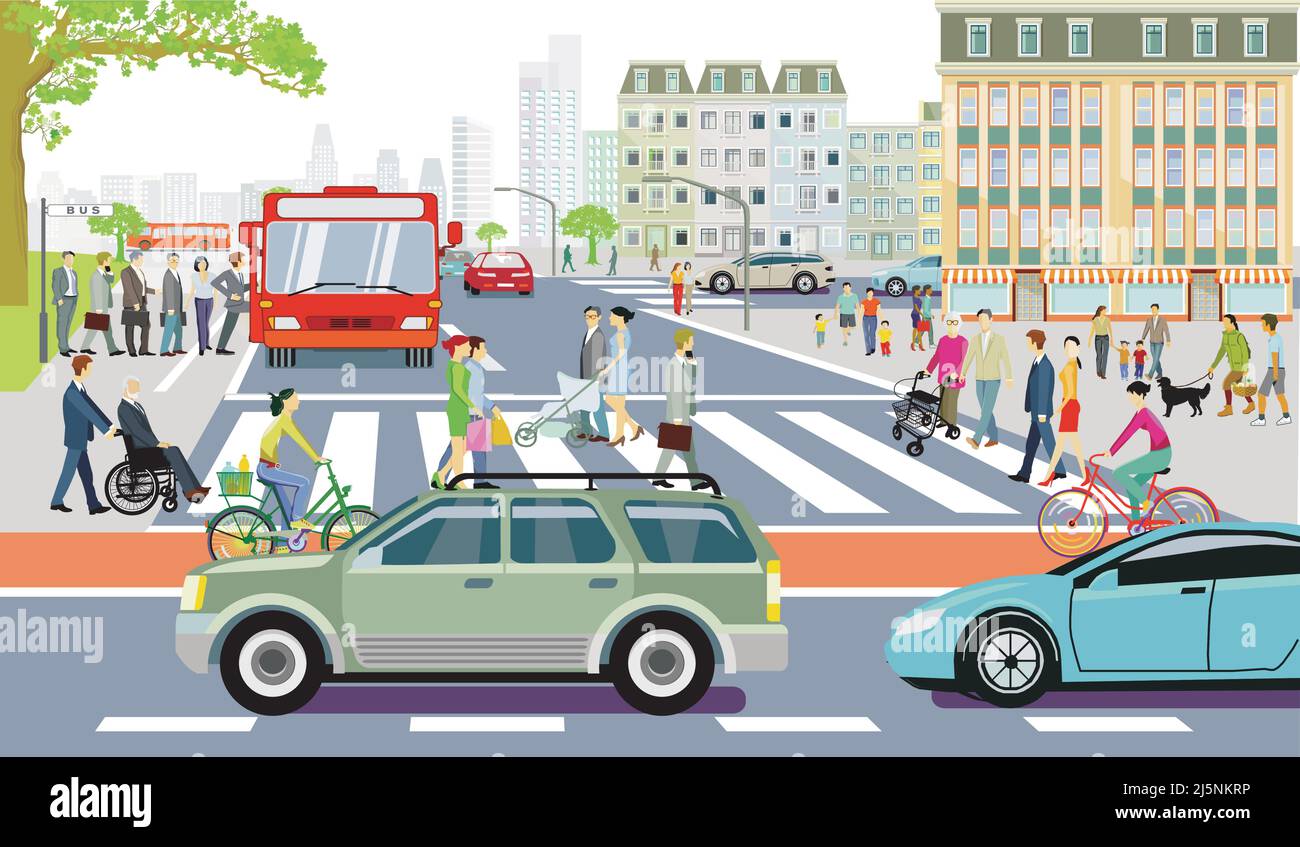 Circulation routière avec piétons, cyclistes et circulation routière ...