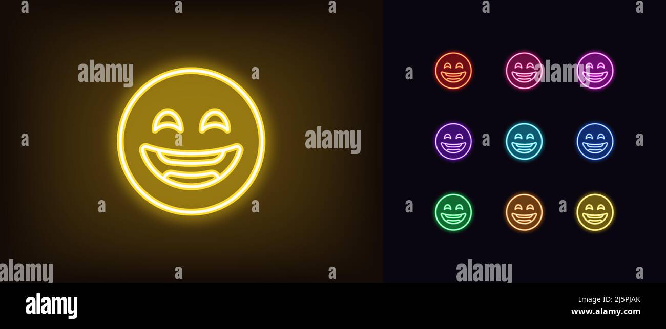 Contour néon rire emoji icône. Signe d'émoticône luisant au néon ...