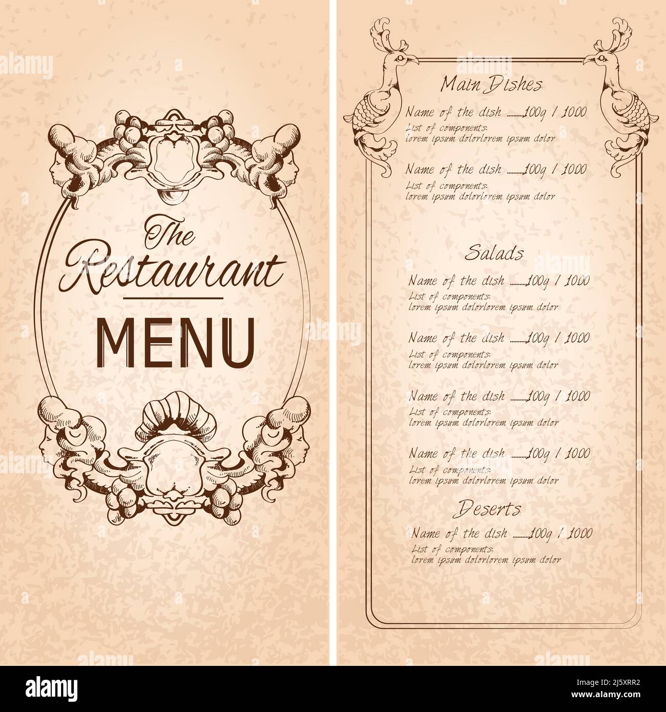 Modèle de menu de restaurant rétro avec cadre et décoration vectorielle ...