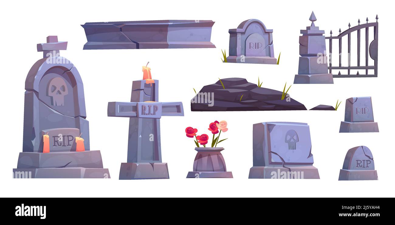 Ensemble de cimetière, tombe de cimetière, croix de pierre fissurée ...
