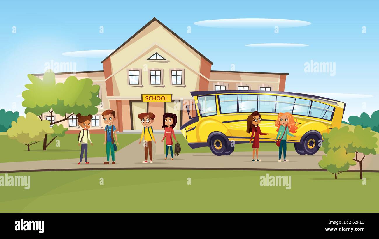 Vecteur dessin animé adolescent élève debout près de l'autobus scolaire ...