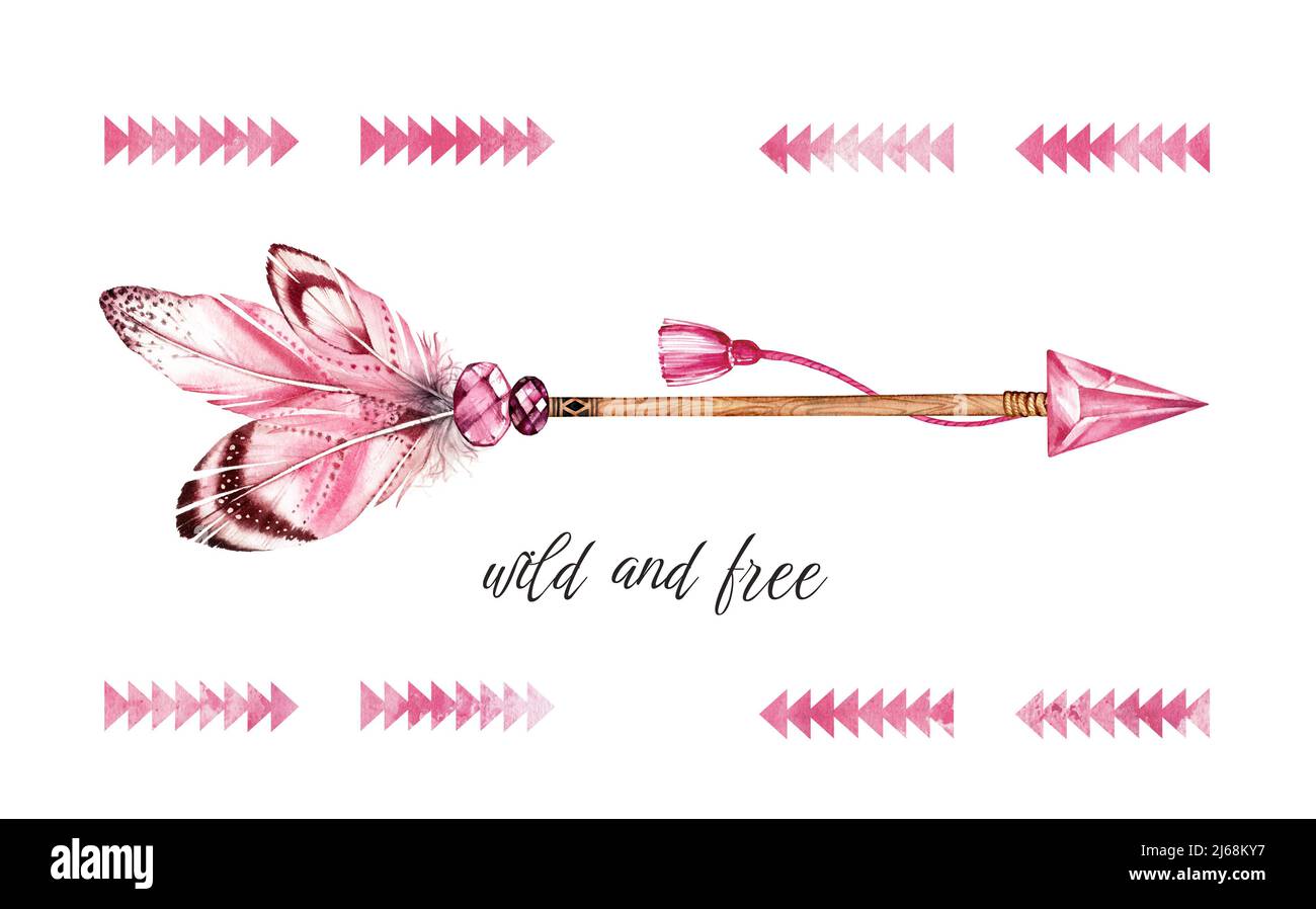 Affiche aquarelle avec flèche rose. Bannière avec plumes boho vibrantes ...