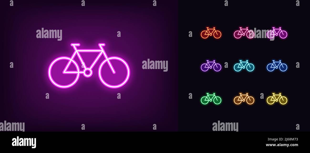 Contour de l'icône de vélo néon. Silhouette de vélo au néon lumineux ...