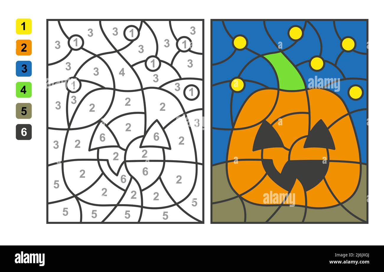 Page de coloriage vectoriel couleur par numéros halloween citrouille ...