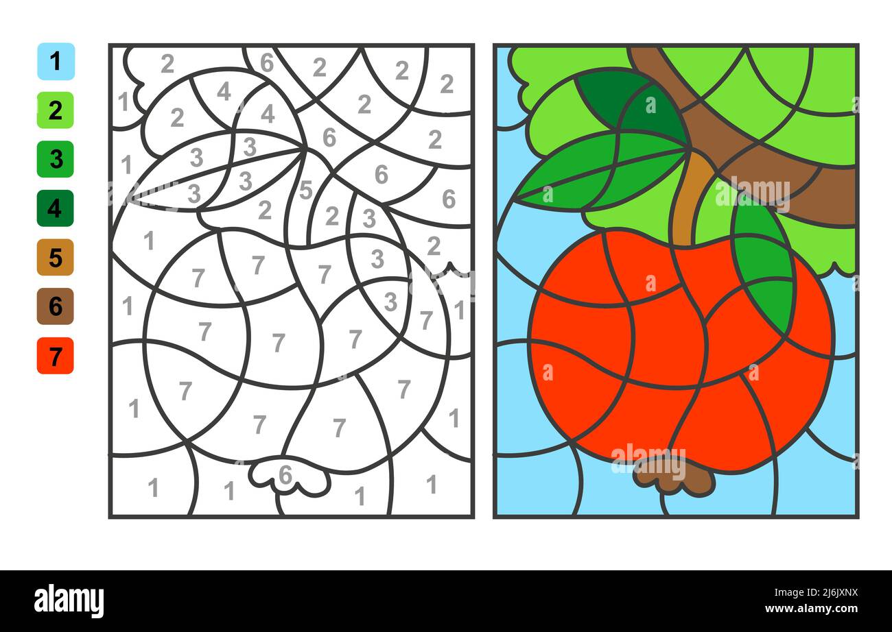 Page de coloriage vectoriel couleur par nombres pomme. Jeu de puzzle ...