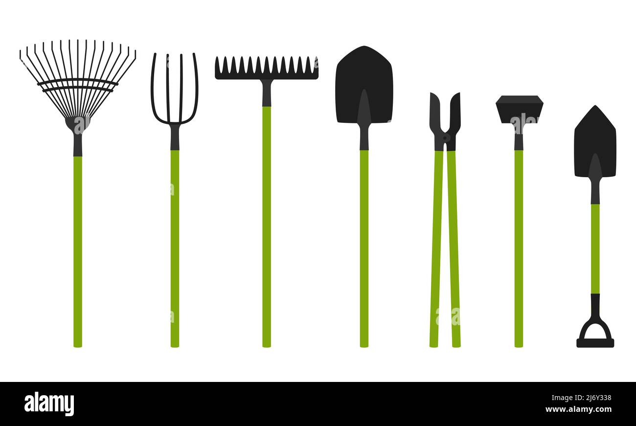 Collection d'outils de jardin. Râteau, pelle, fourche, pelle. Un ...