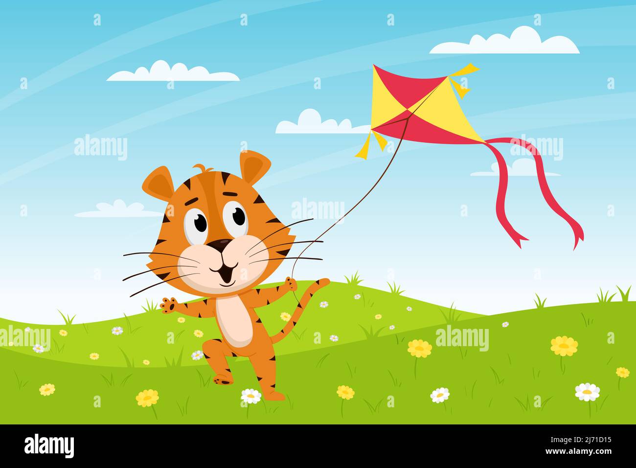 Mignon dessin animé tigre court avec un cerf-volant dans le champ ...