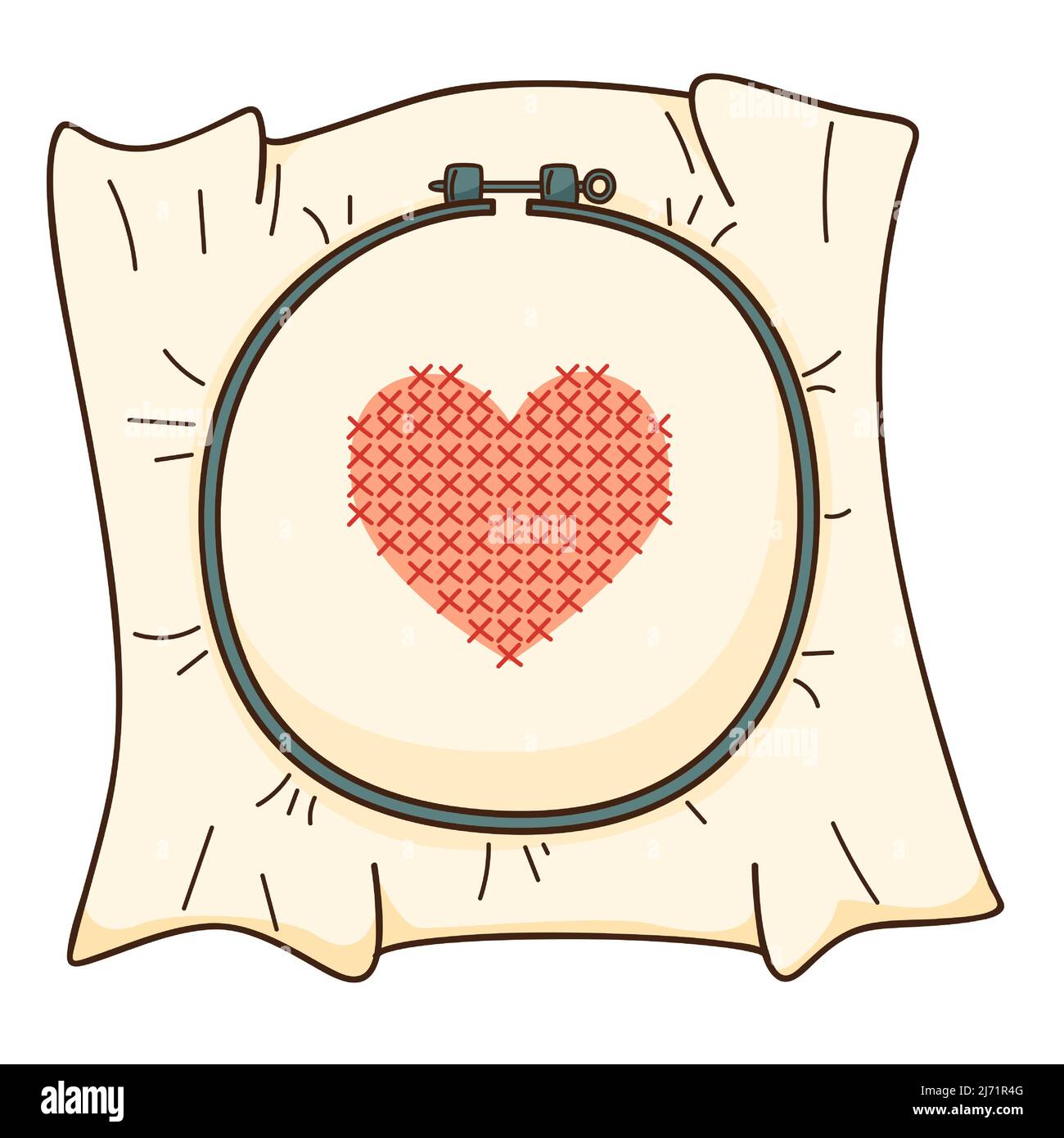 Broderie sur le cerceau. Un coeur rouge brodé avec une croix. Travaux d ...