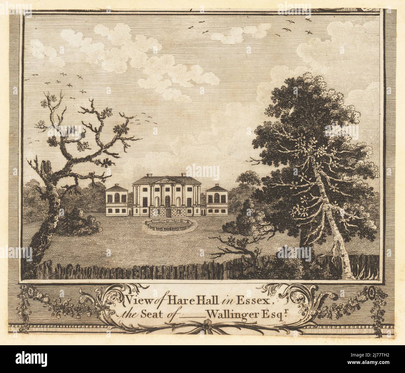 Vue sur Hare Hall dans l'Essex, 18th siècle. Pris du parc, montrant un ...