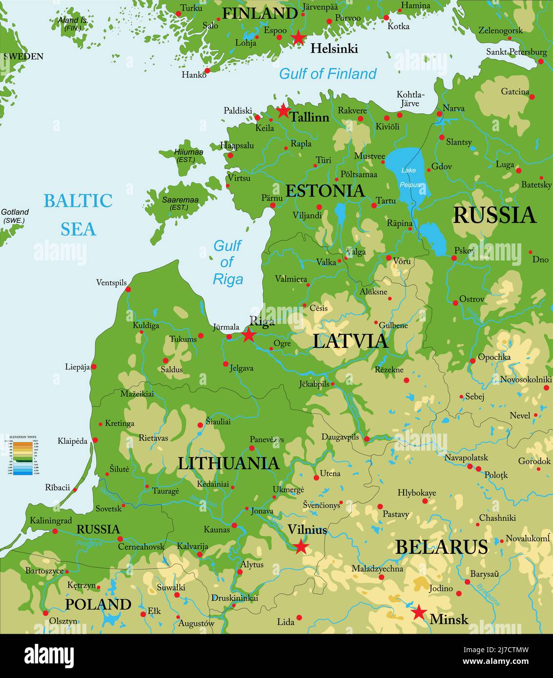 Carte physique très détaillée de la région des États baltes, en format ...