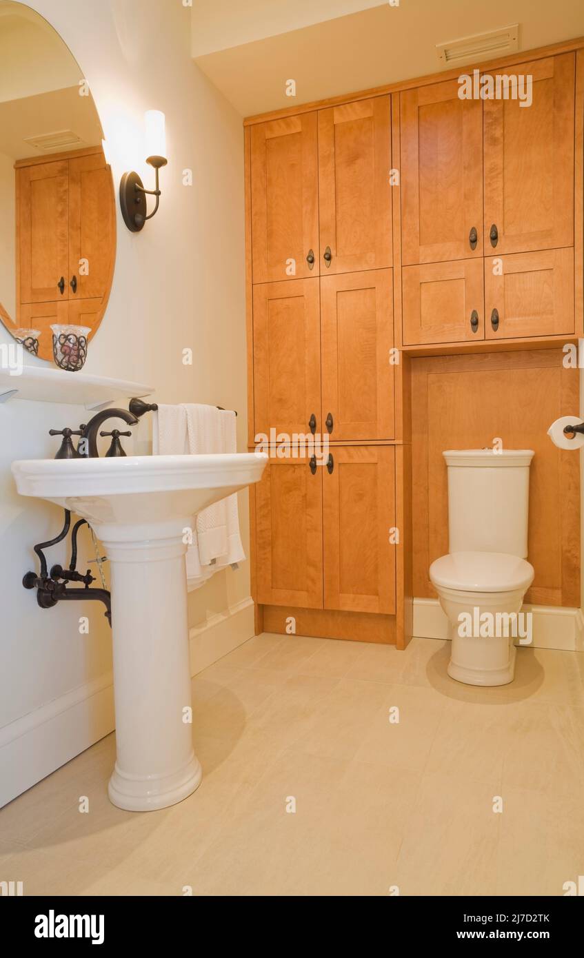 Lavabo sur pied blanc et toilettes hautes dans la salle de bains à l ...