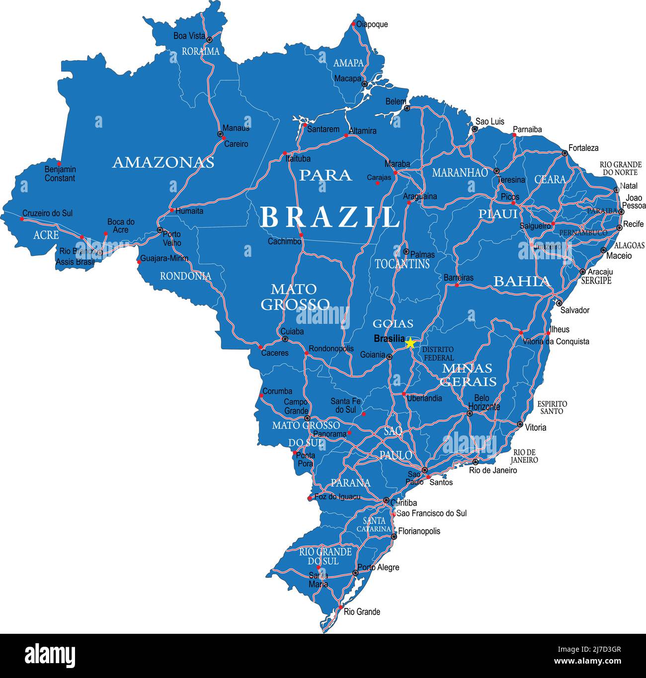 Carte vectorielle très détaillée du Brésil avec régions administratives ...