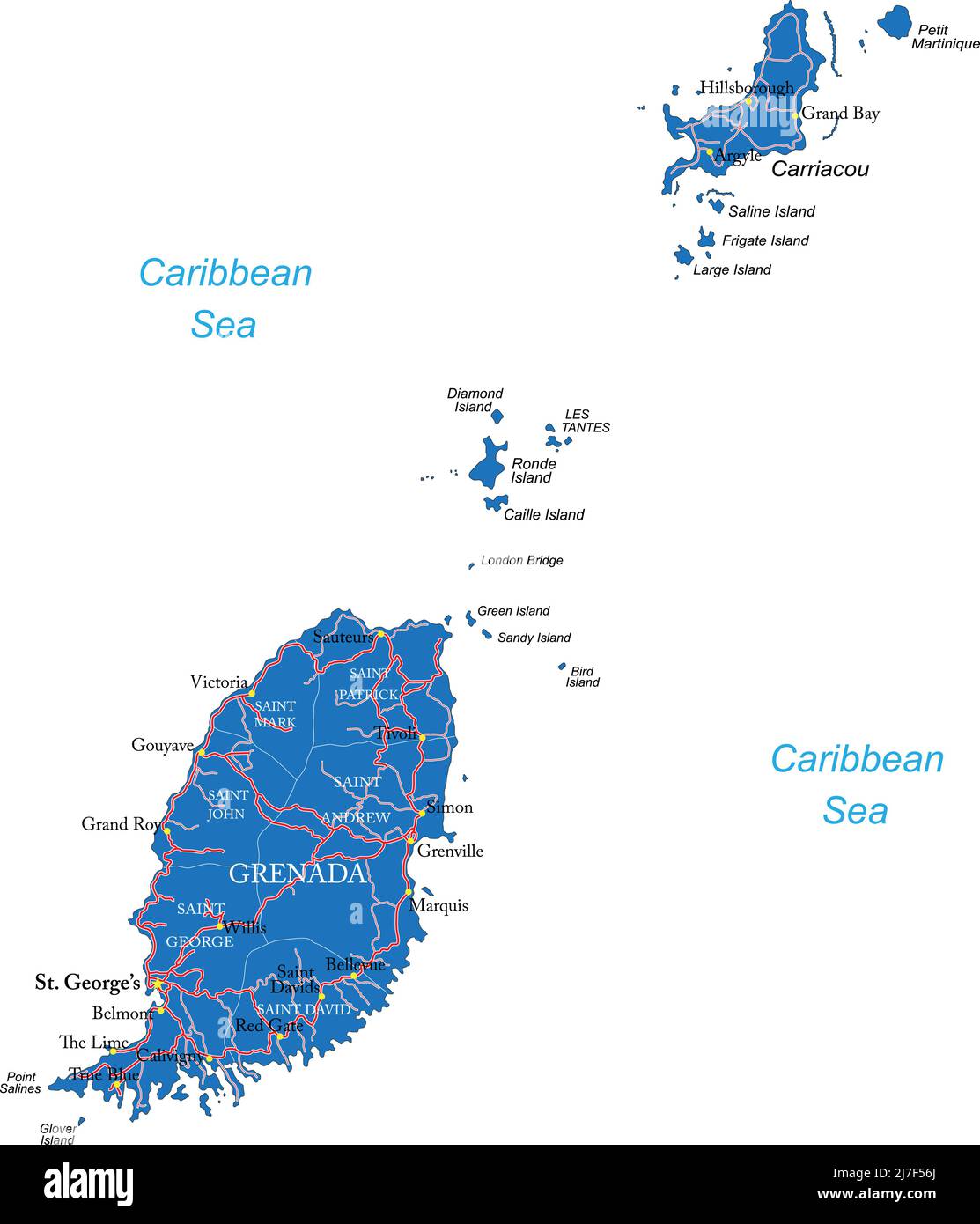Carte vectorielle très détaillée de la Grenade avec régions ...
