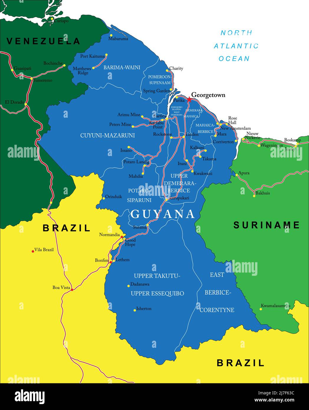 Carte vectorielle très détaillée du Guyana avec régions administratives ...