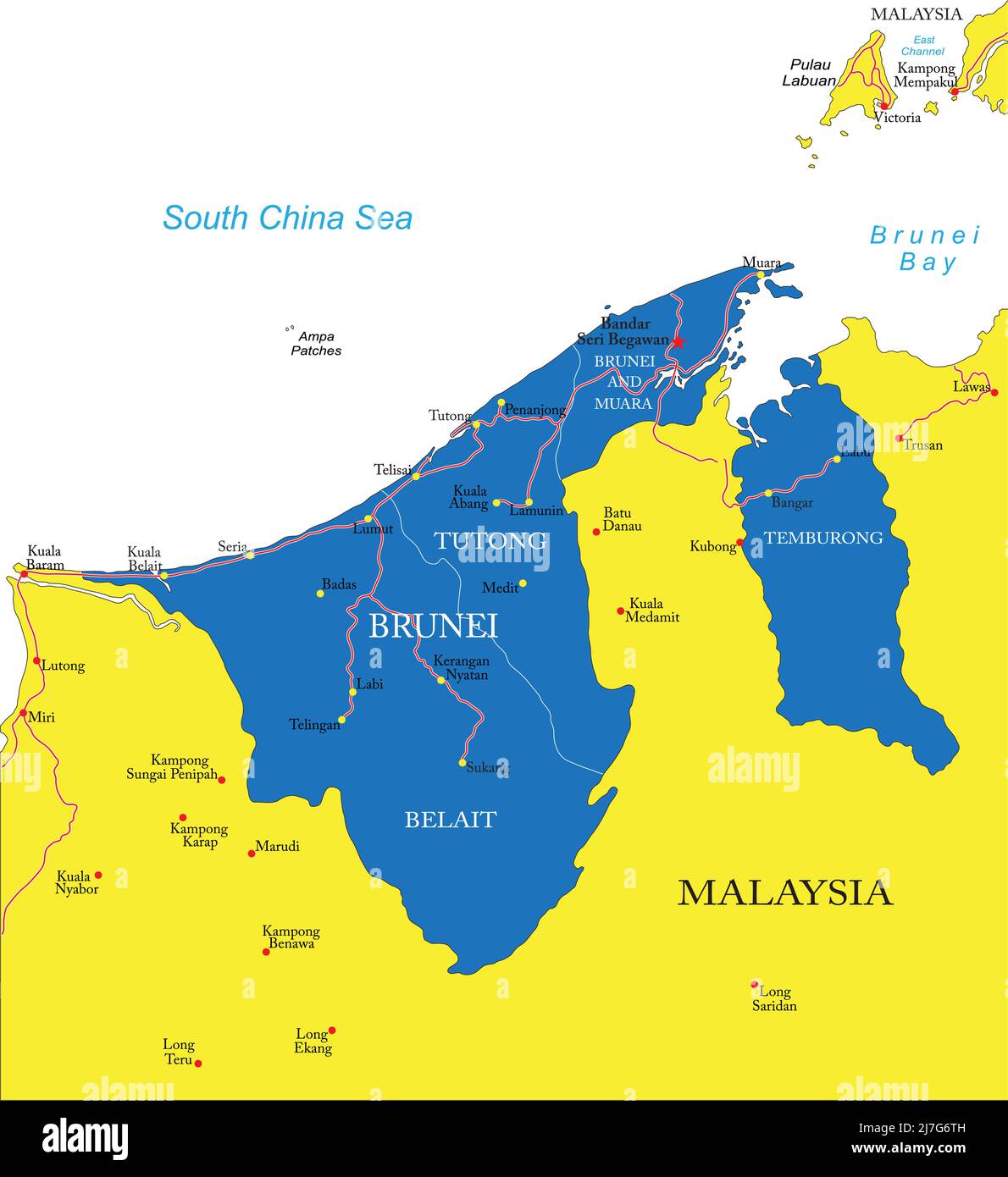 Brunei carte vectorielle très détaillée avec régions administratives ...
