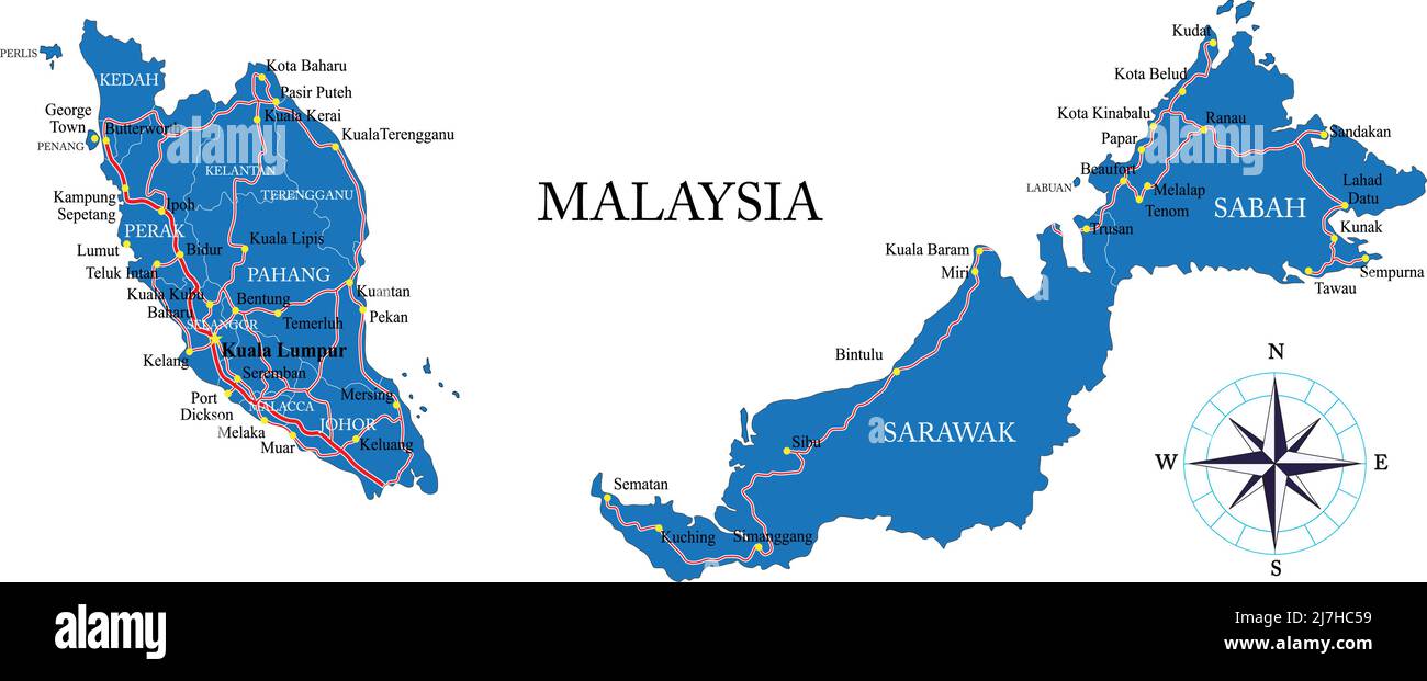 Carte vectorielle très détaillée de la Malaisie avec régions ...
