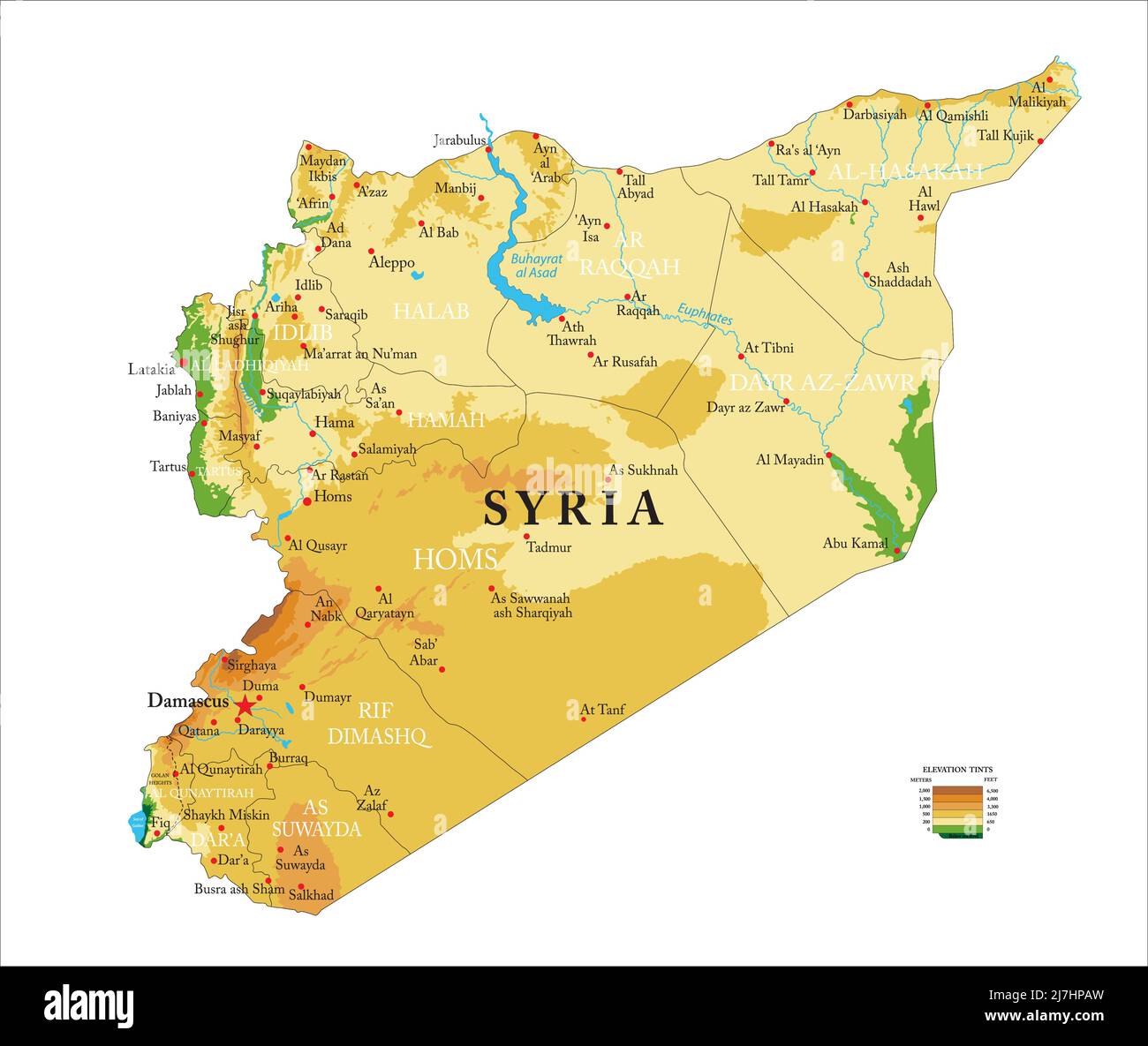 Carte physique très détaillée de la Syrie, en format vectoriel, avec ...