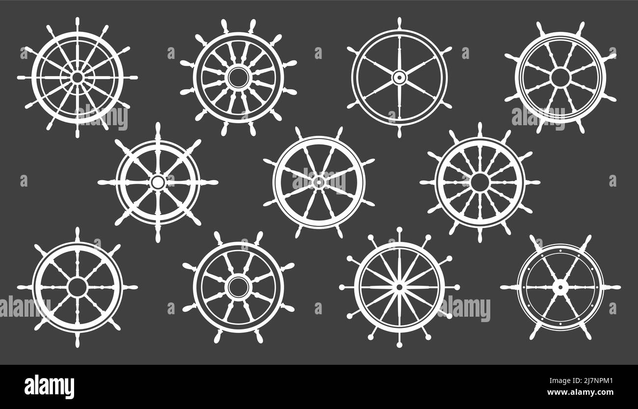 Collection de volants vintage blancs. Navire, symbole roue rétro yacht. Icône de barre nautique ...