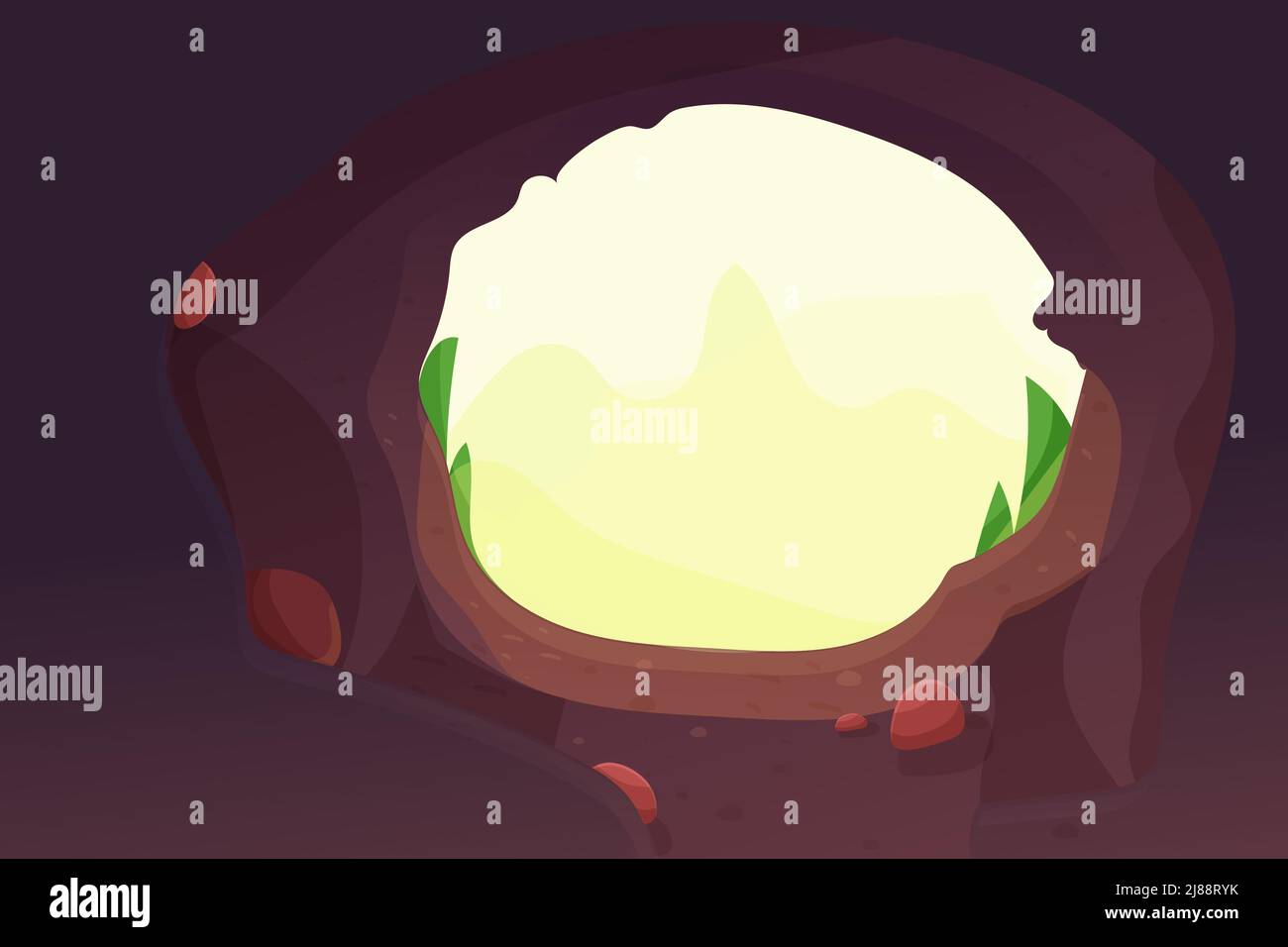 Entrée de la grotte, trou de forêt avec pierres et cadre rond, herbe ...