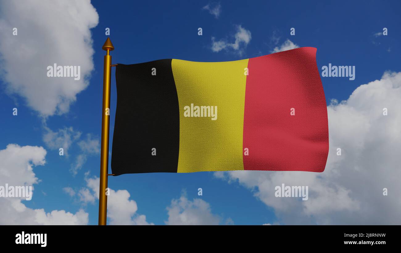 Drapeau national de la Belgique 3D Render avec mât et ciel bleu ...