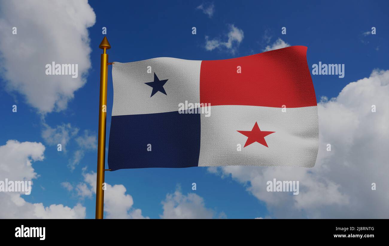 Drapeau national du Panama agitant 3D Render avec mât et ciel bleu ...