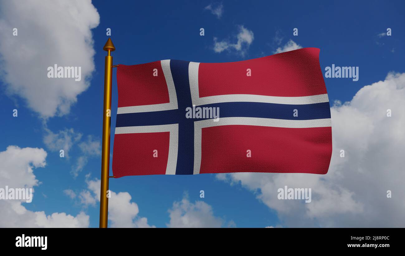 Drapeau national de la Norvège 3D Render with flagpole and blue Sky ...