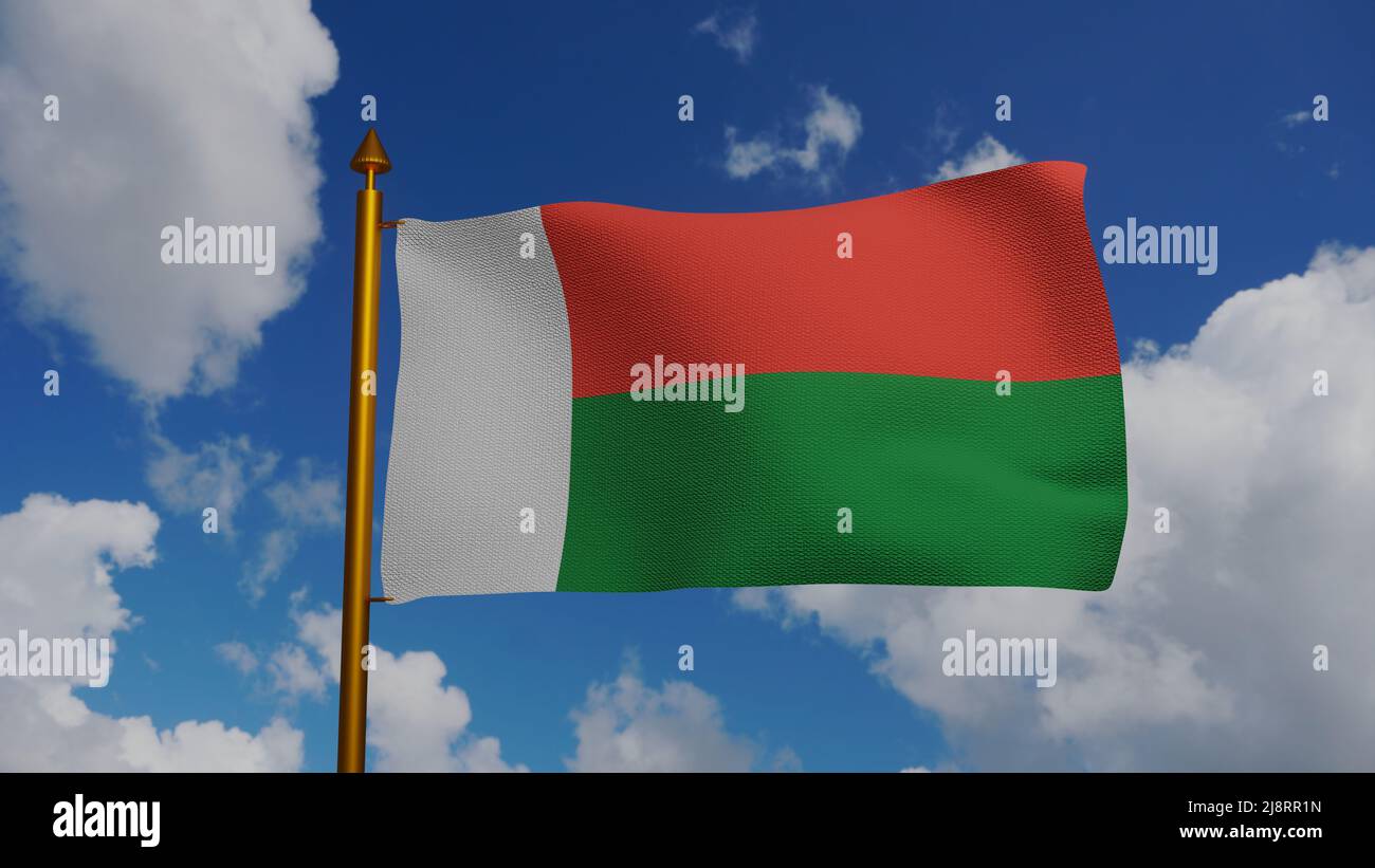 Drapeau national de Madagascar agitant 3D Render avec mât et ciel bleu ...