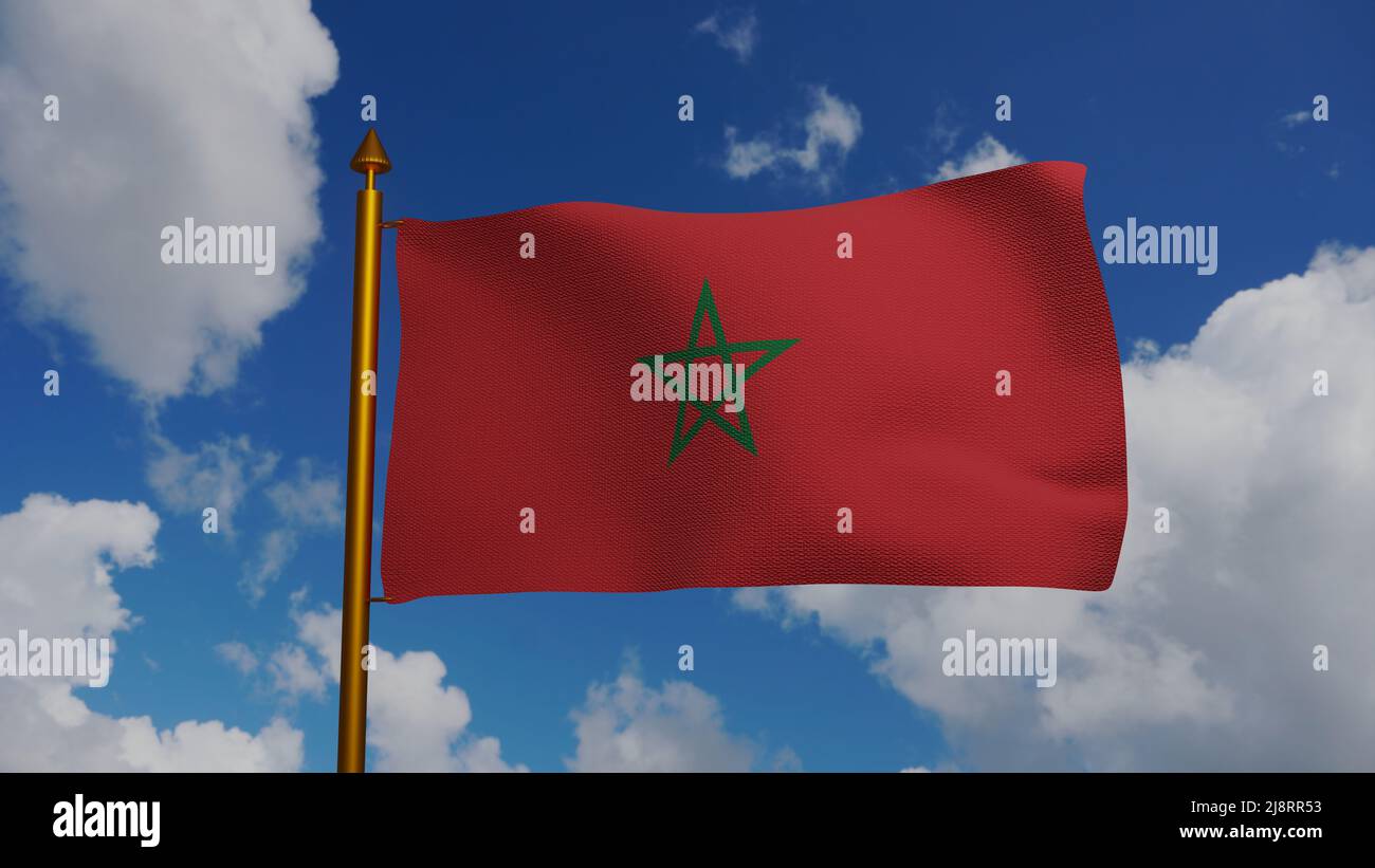 Drapeau national du Maroc 3D Render avec mât et ciel bleu, drapeau du ...