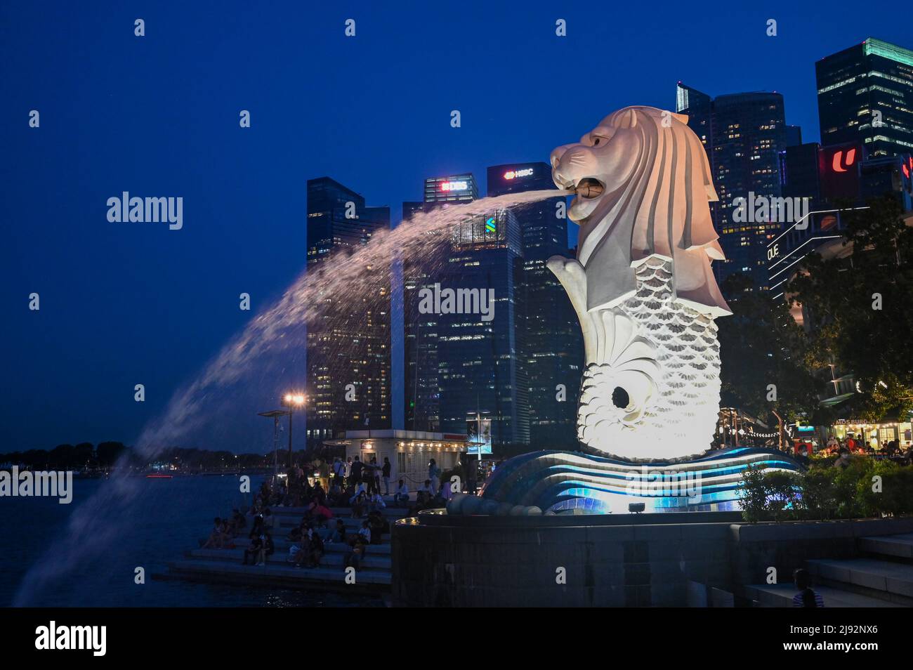 Merlion Park, une statue emblématique de Singapour la nuit. Le Merlion ...