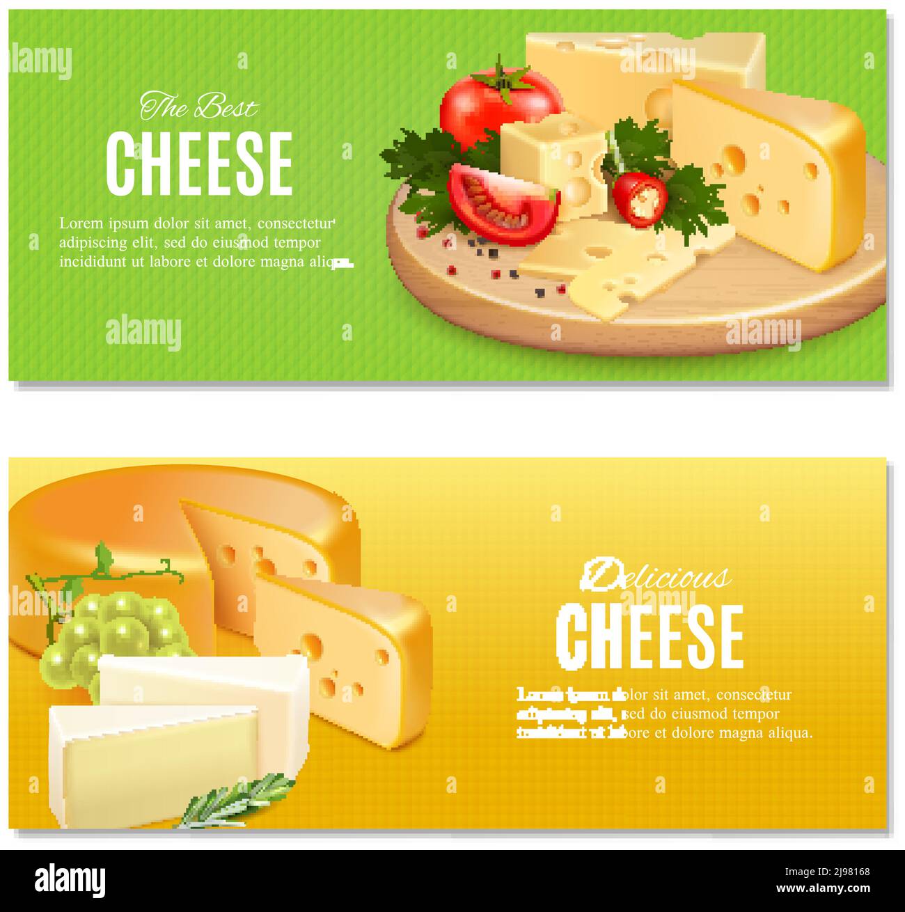 Fromages réalistes avec épices et légumes sur vert et jaune arrière ...