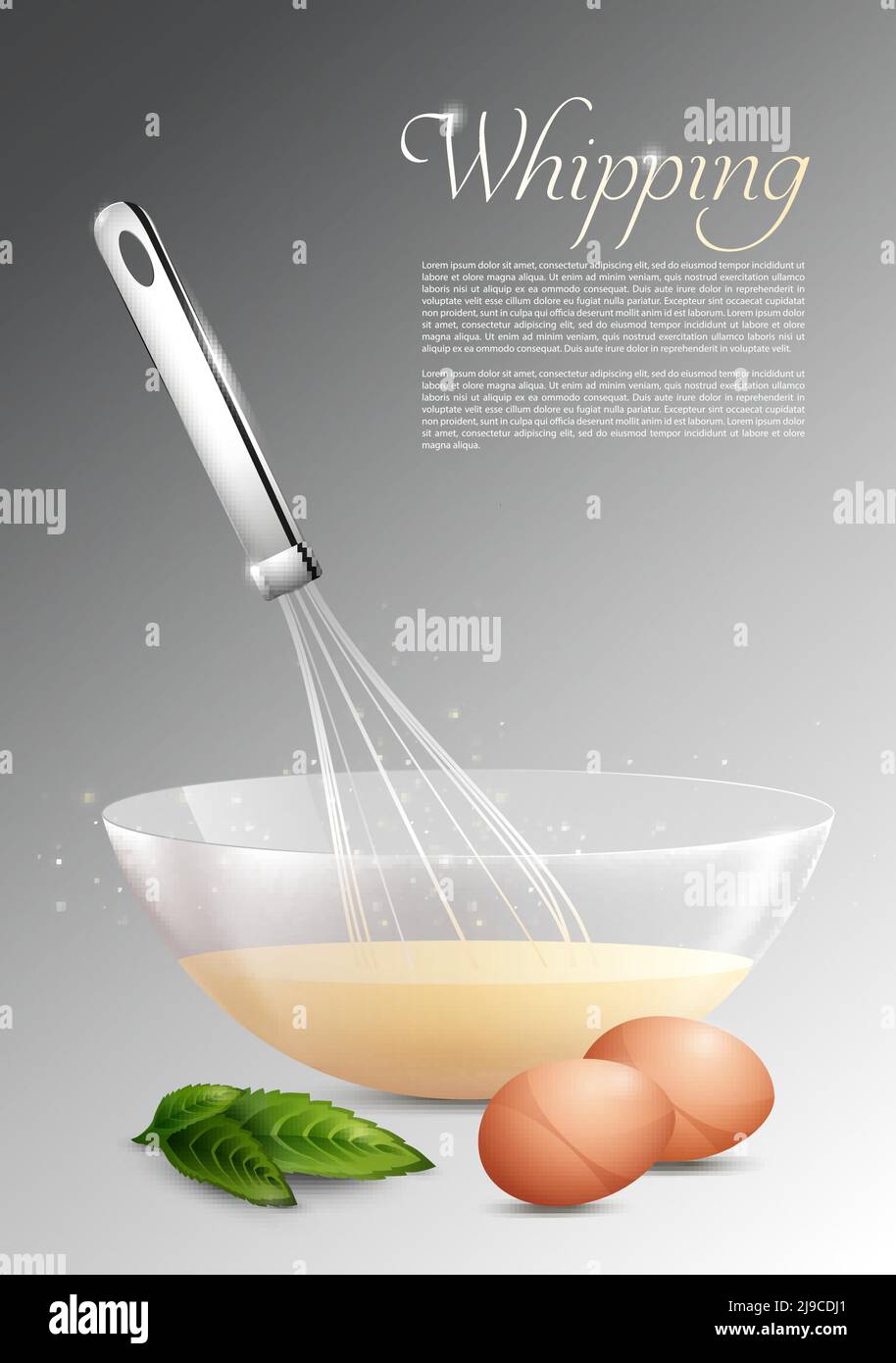 Concept réaliste de fouetter avec des feuilles d'œufs et un bol de pâte ...
