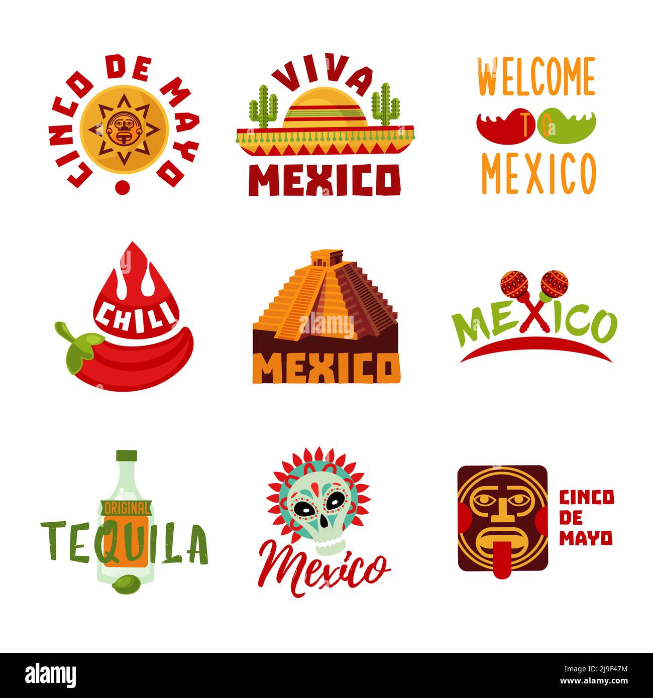 Logotypes colorés du Mexique ensemble avec tequila sombrero ...