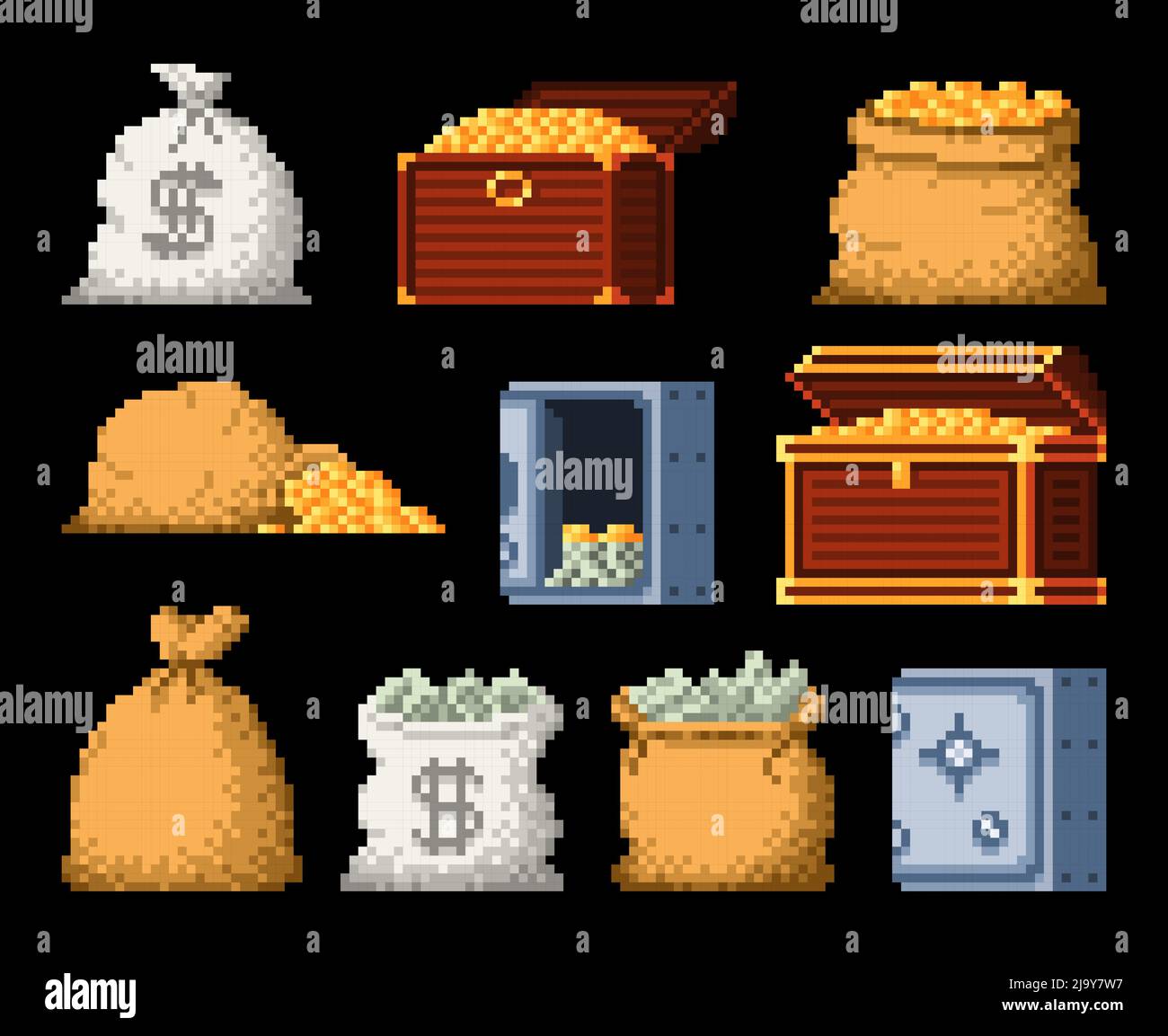 sac d'argent pixel 8 bits, pièces d'or, coffre et coffre-fort au trésor ...