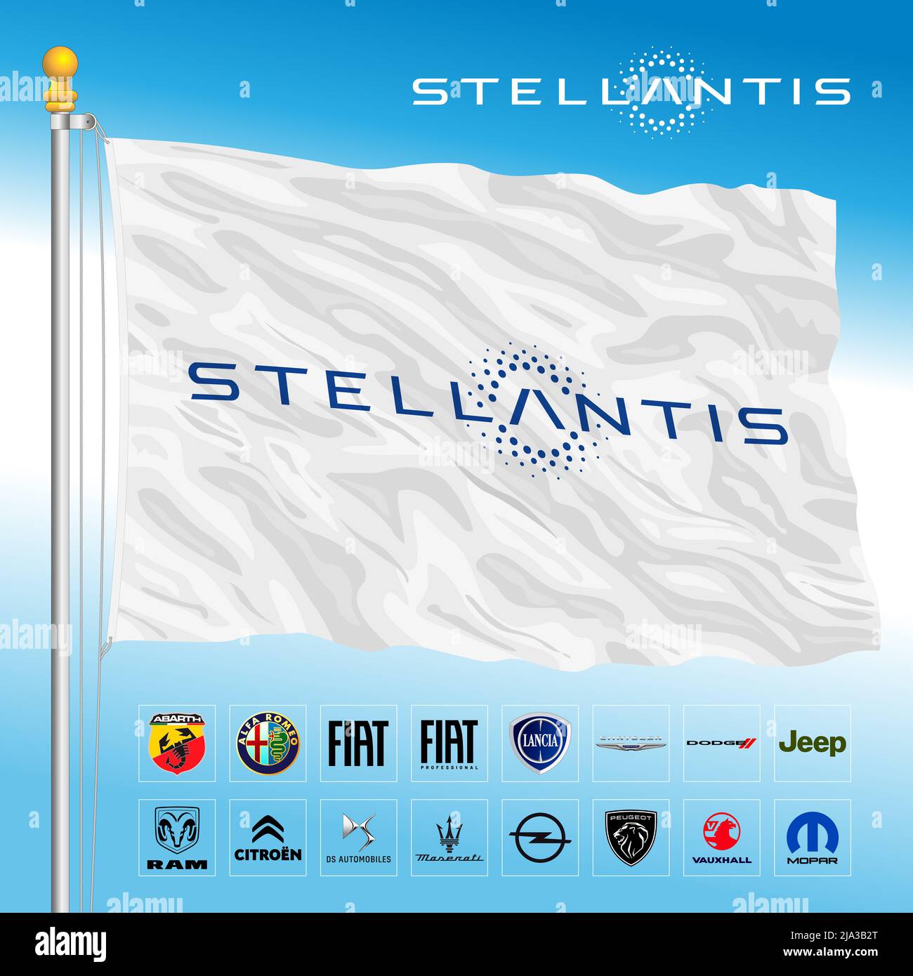 Drapeau du groupe industriel automobile Stellantis et des produits de ...