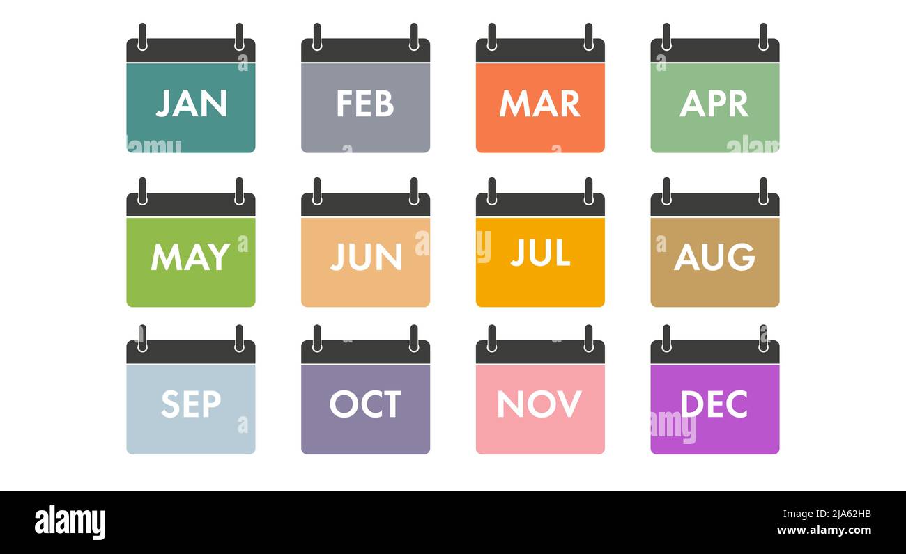Icônes du calendrier annuel définies. Tous les douze mois avec les noms ...