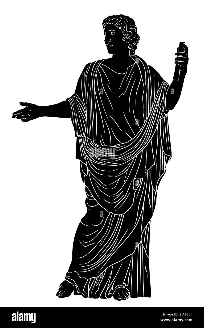 Un jeune homme dans une tunique grecque ancienne avec un papyrus ...