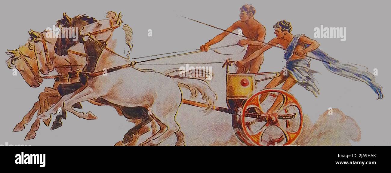 Une illustration en couleur des années 1930 d'un char grec avec deux ...