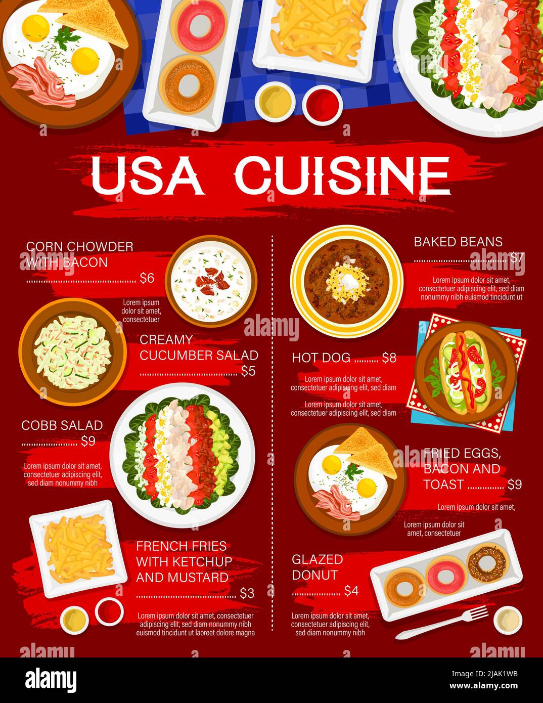 Menu de cuisine américaine, plats américains et déjeuner, repas du ...