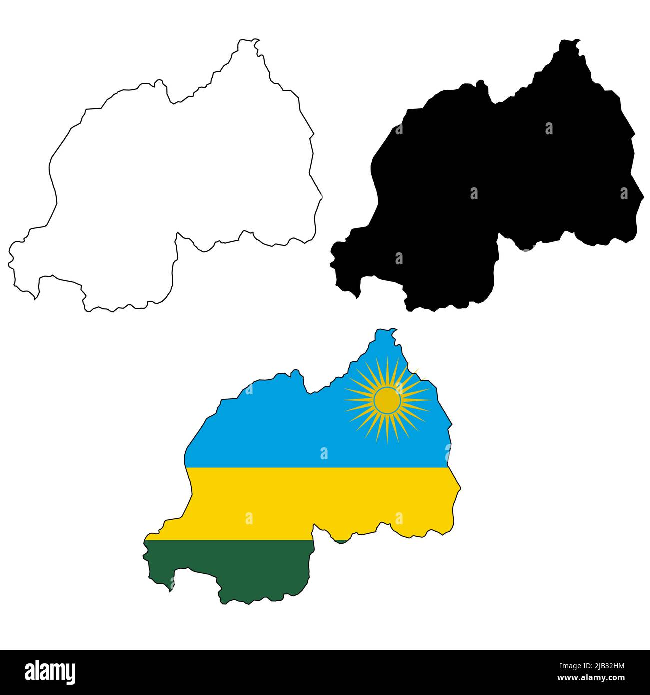 Carte du drapeau du Rwanda sur fond blanc. Carte du Rwanda. Silhouette ...