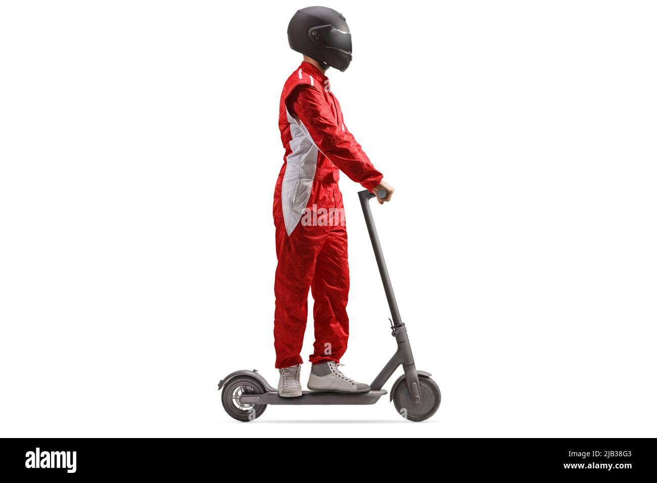 Photo de profil d'un coureur en costume rouge avec un casque à bord d ...
