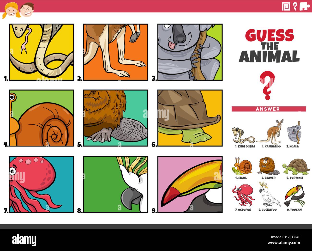 Illustration de dessin animé d'un jeu éducatif de deviner des espèces ...